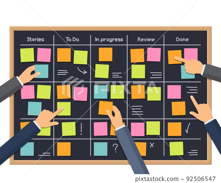 Scrum task board with businessman hands. Vector... - Stock Illustration ...