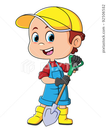 The little boy is digging the ground with the... - Stock Illustration ...