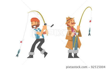 Anglers characters. Fshermen with fishing rods... - Stock Illustration ...