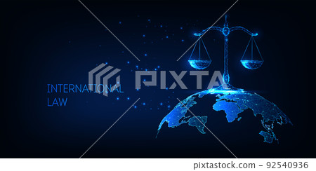 International law concept with scales and Earth... - Stock Illustration ...