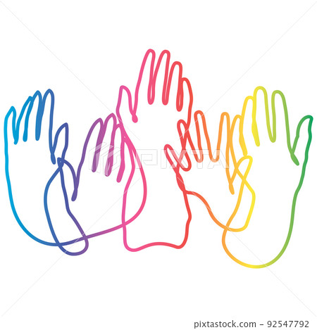 People raising their hands. Rainbow colors... - Stock Illustration ...