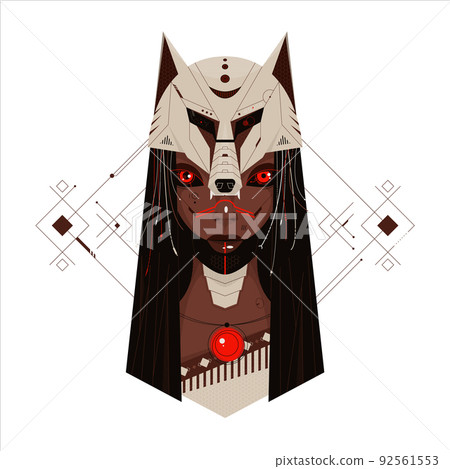 Cyberpunk girl with wolf headdress or mask on... - Stock Illustration ...
