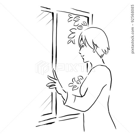Line drawing illustration of a woman opening a... - Stock Illustration ...