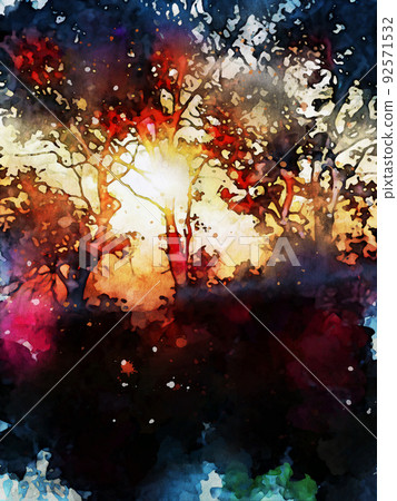 Abstract digital painting of tree at sunset... - Stock Illustration ...