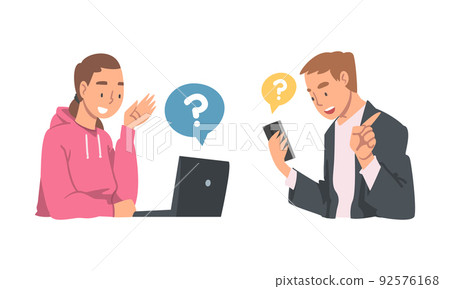 Young Man and Woman Character Asking Question... - Stock Illustration ...