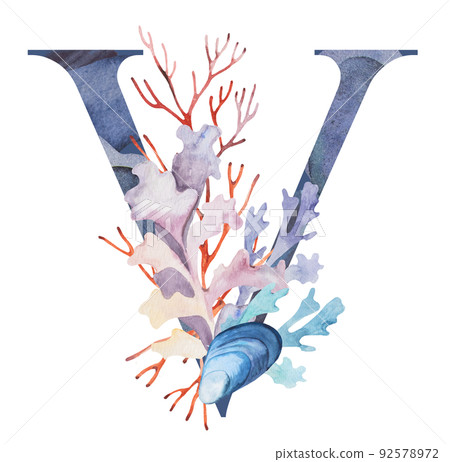Blue capital letter V decorated with watercolor... - Stock Illustration ...