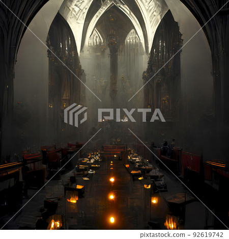 Spooky Dark Gothic Cathedral Interior.... - Stock Illustration ...