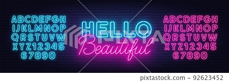 Hello Beautiful neon lettering on brick wall... - Stock Illustration ...