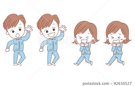 2 men and women in work clothes with facial... - Stock Illustration ...