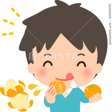 A smiling man eating mandarin oranges, his... - Stock Illustration ...