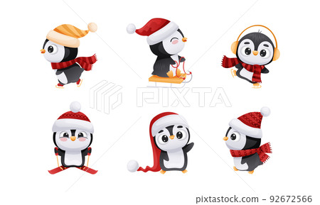 Adorable Penguin in Warm Winter Hat and Scarf... - Stock Illustration ...