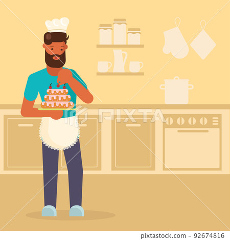 Man making cake vector illustration in flat style - Stock Illustration ...