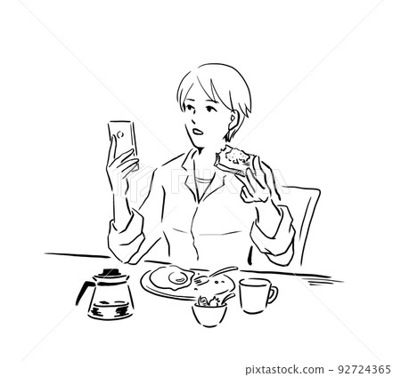 A line drawing illustration of a woman eating... - Stock Illustration ...