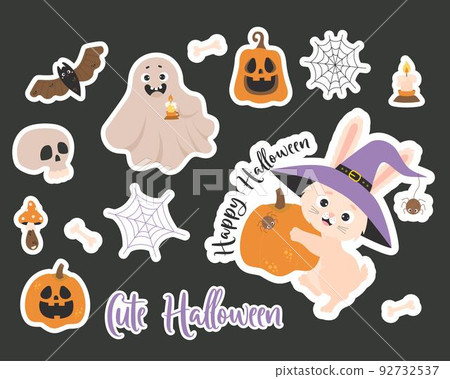 Halloween stickers. Cute rabbit character in... - Stock Illustration ...