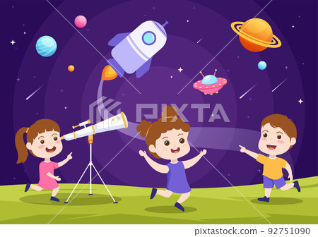 Astronomy Cartoon Illustration with Cute Kids... - Stock Illustration ...