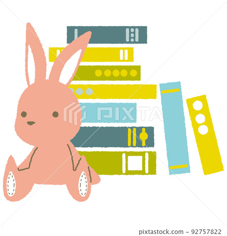 Nine stacked books and a stuffed rabbit - Stock Illustration [92757822 ...