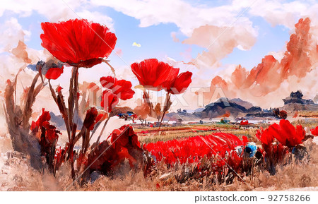 View of abstract landscape of red poppy fields... - Stock Illustration ...