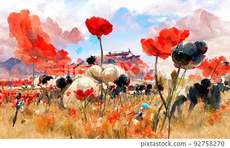 View of abstract landscape of red poppy fields... - Stock Illustration ...