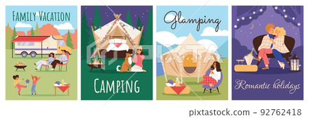 Glamping with friends and family, posters set... - Stock Illustration ...