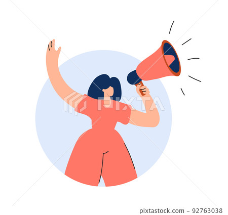 Cute vector woman shouting into megaphone about... - Stock Illustration ...