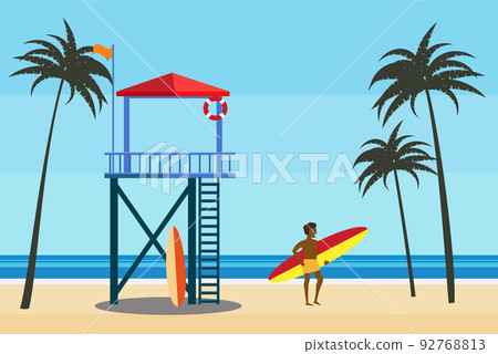 Lifeguard station on the beach palms, surfer,... - Stock Illustration ...