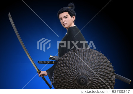 A samurai holding a braided hat in one hand and... - Stock Illustration ...