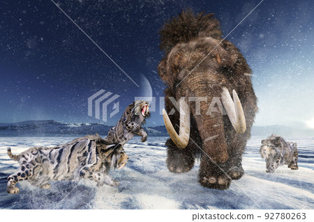 A flock of saber-toothed tigers attack a single... - Stock Illustration ...