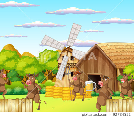 Outdoor cow farm scene with happy animals - Stock Illustration ...