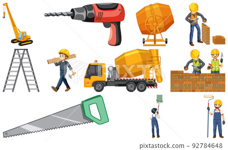 Construction worker set with many tools - Stock Illustration [92784648 ...