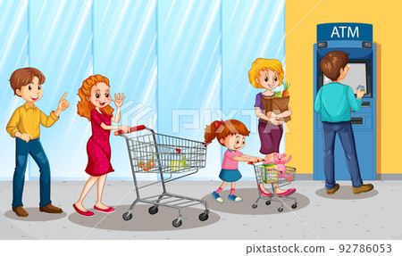 People waiting in line near atm machine - Stock Illustration [92786053 ...