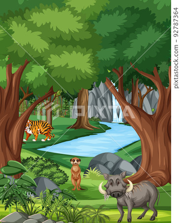 Forest scene with various wild animals - Stock Illustration [92787364 ...