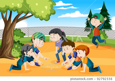 Children playing jack stones at the park - Stock Illustration [92792338 ...