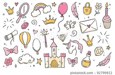 Hand drawn princess doodle set. Beauty cute... - Stock Illustration ...
