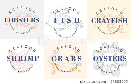 A set of labels for fish products and sea food. - Stock Illustration ...