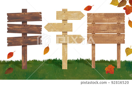 Wooden signpost signboard set and autumn leaves - Stock Illustration ...