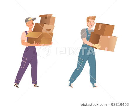 Male loaders carrying heavy goods in cardboard... - Stock Illustration ...