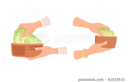 Male and Female Hand with Wallet Taking Out Wad... - Stock Illustration [92819533] - PIXTA