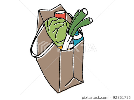 Food items in a paper bag, comical hand-drawn... - Stock Illustration ...