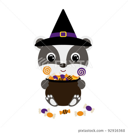 Cute Halloween badger in witch hat holding a... - Stock Illustration ...