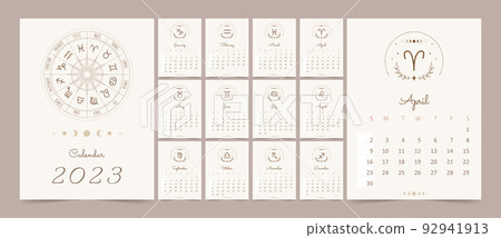 Boho calendar 2023 with zodiac signs. Week... - Stock Illustration ...