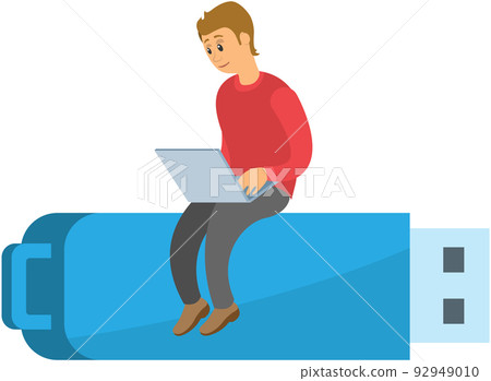 Man with laptop sitting on USB flash drive... - Stock Illustration ...