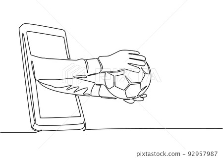 Single one line drawing goalkeeper hand holds... - Stock Illustration ...