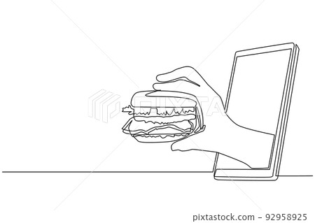 Continuous one line drawing hand holding burger... - Stock Illustration ...