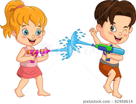 Cartoon kids playing a water gun - Stock Illustration [92988614] - PIXTA