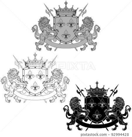 Heraldic shield with two rampant lions - Stock Illustration [92994428 ...