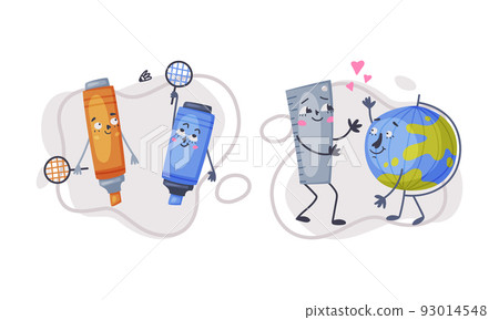 Set of funny school supplies characters.... - Stock Illustration ...