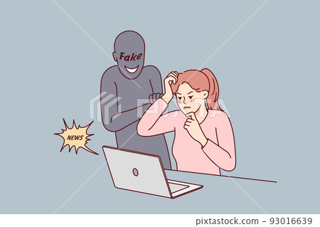 Frustrated woman reading fake news on computer - Stock Illustration ...