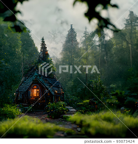 A cottage in magic green forest, fantasy... - Stock Illustration ...
