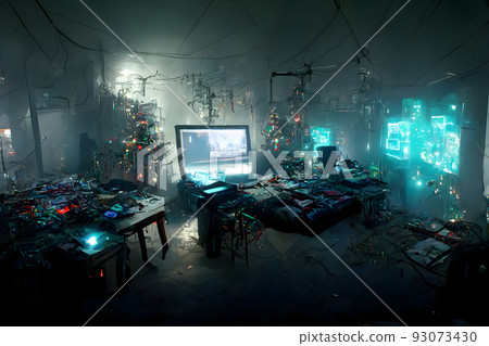 messy cyberpunk hacker hideoutwith cyan... - Stock Illustration ...