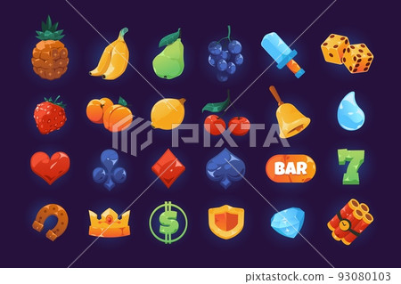 Slot icons. Cartoon shining casino symbols for... - Stock Illustration ...